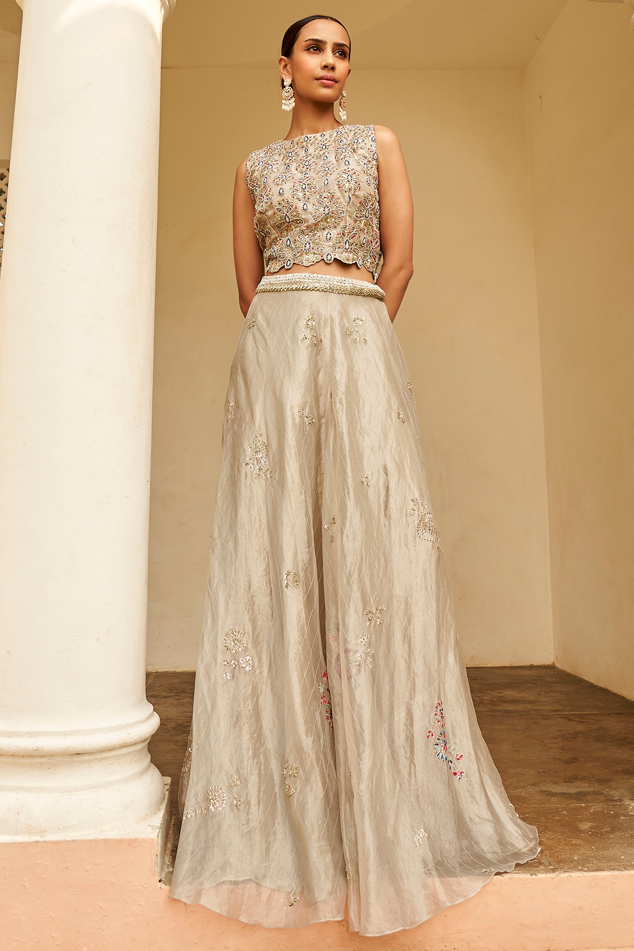 Silver Tissue Skirt Set by Osaa By Adarsh at Pernia's Pop Up Shop 2025