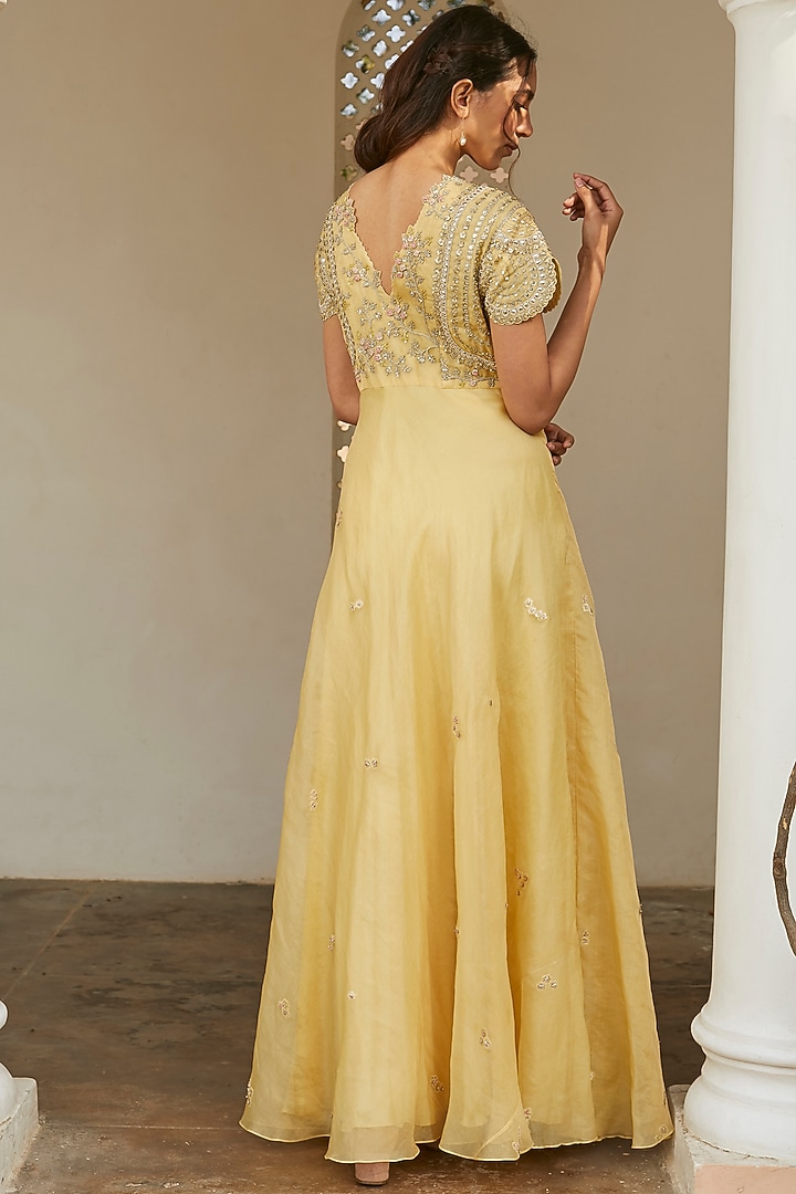 Lemon Tissue Organza Hand & Machine Embroidered Dress by OSAA By Adarsh ...