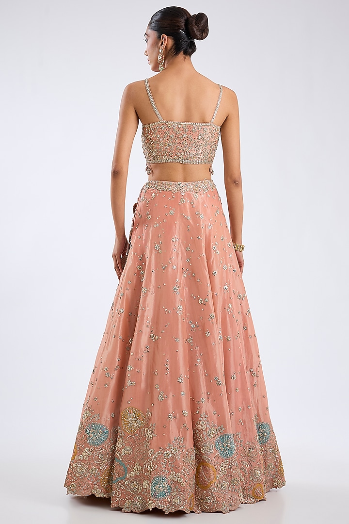 Salmon Peach Tissue Silk Aari Embroidered Bridal Lehenga Set by OSAA By ...