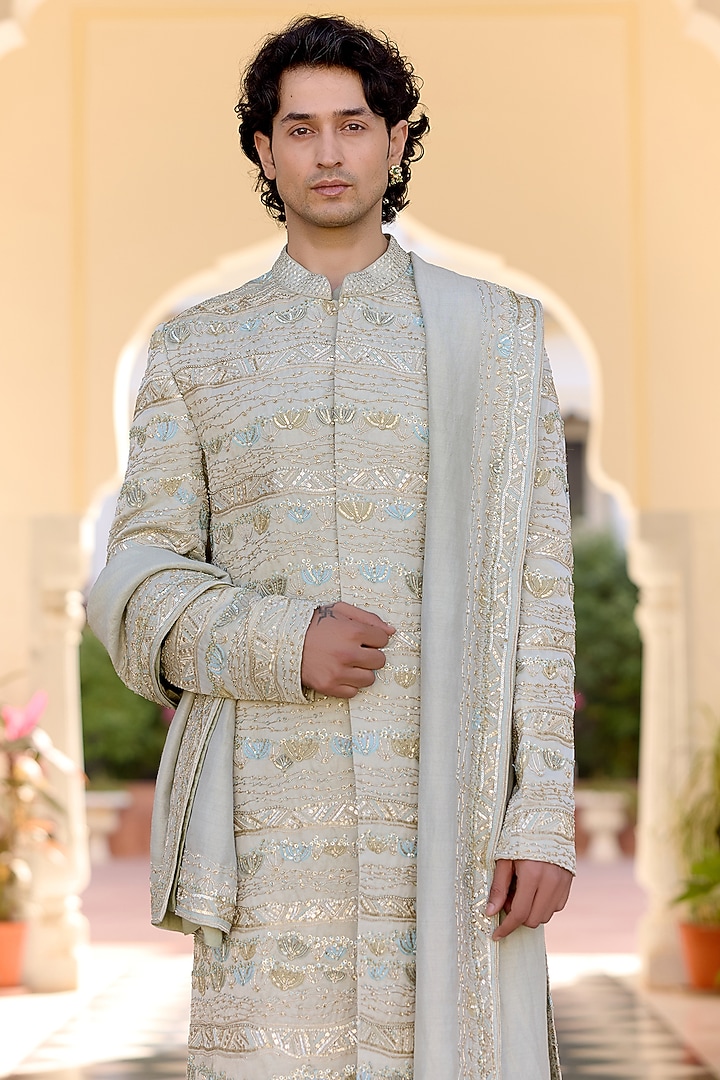 Sage Green Linen Satin Zardosi Embroidered Groom Sherwani Set by OSAA ...
