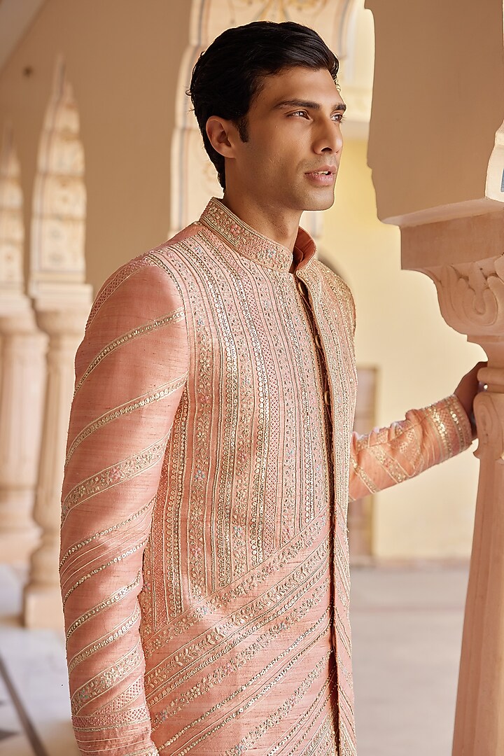 Salmon Peach Raw Silk Zardosi & Aari Work Groom Sherwani Set by OSAA By ...