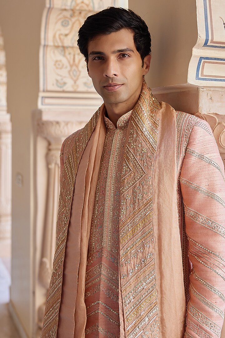 Salmon Peach Raw Silk Zardosi & Aari Work Groom Sherwani Set by OSAA By ...