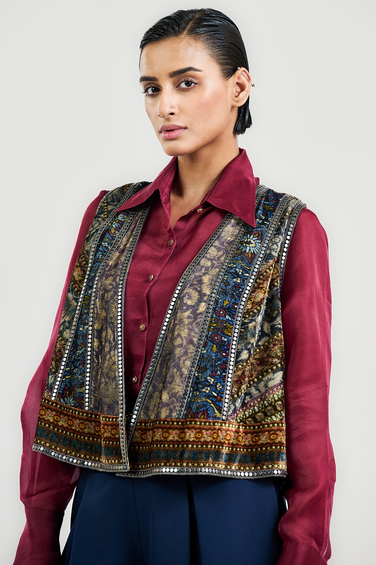 Multi-Colored Velvet Jamawar Printed Gilet by OTT by Tarun Tahiliani at ...