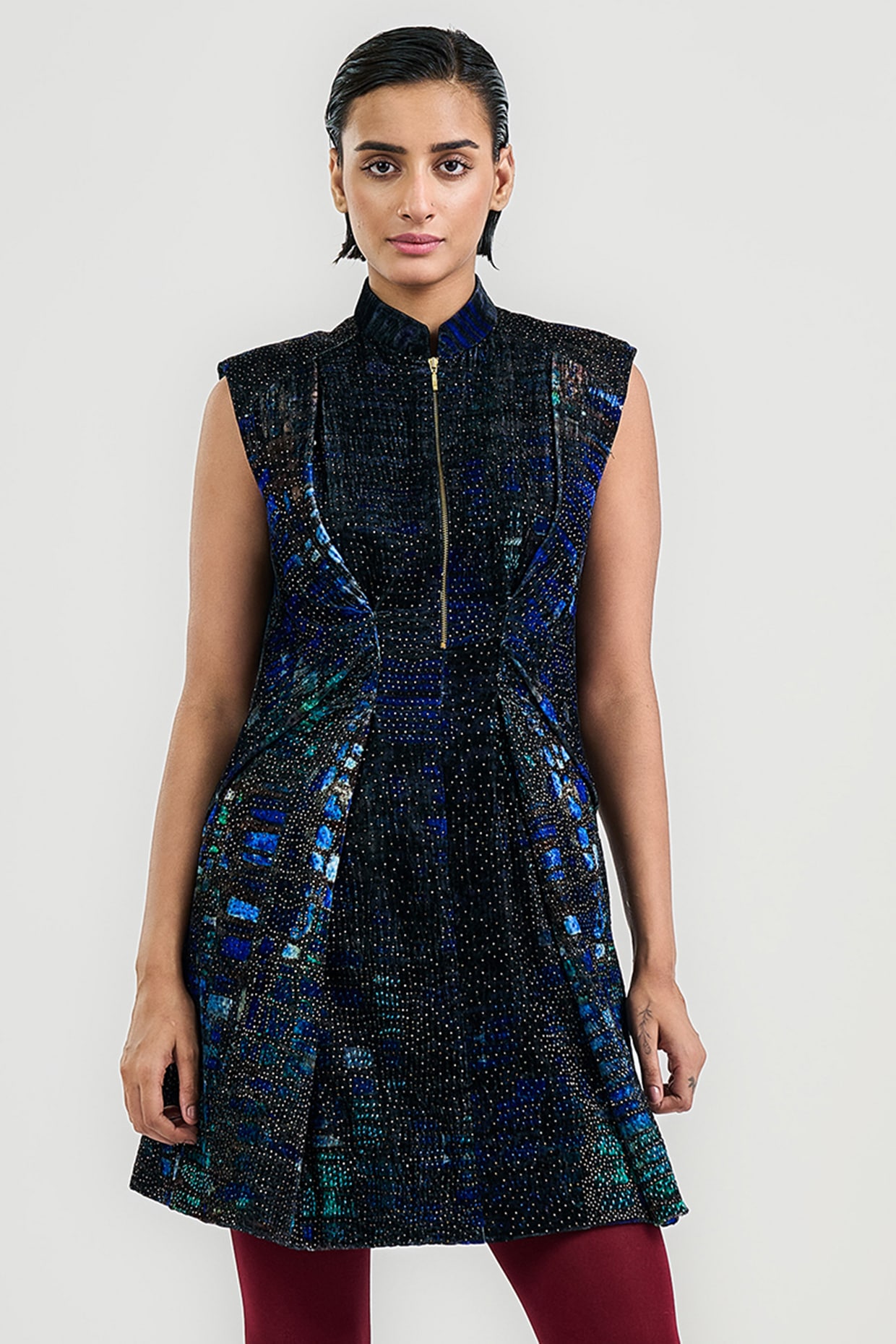 Blue Velvet Printed & Embellished Mini Dress by OTT by Tarun Tahiliani ...