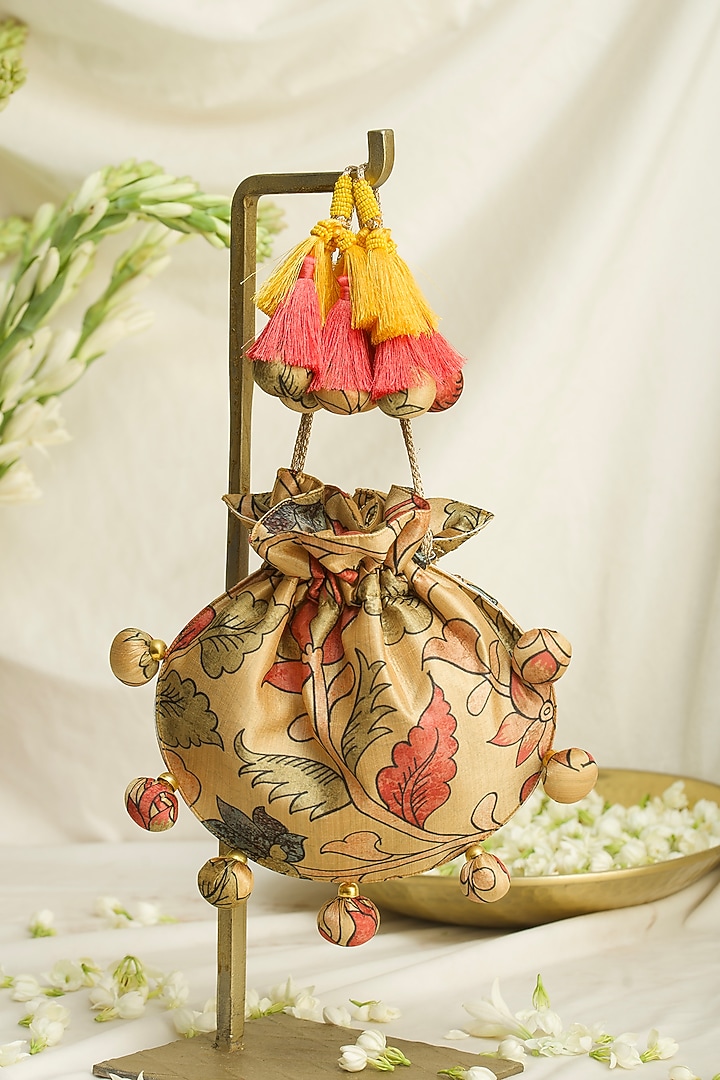 Yellow Fabric Printed & Hand Embroidered U-shaped Potli by Ozel at ...