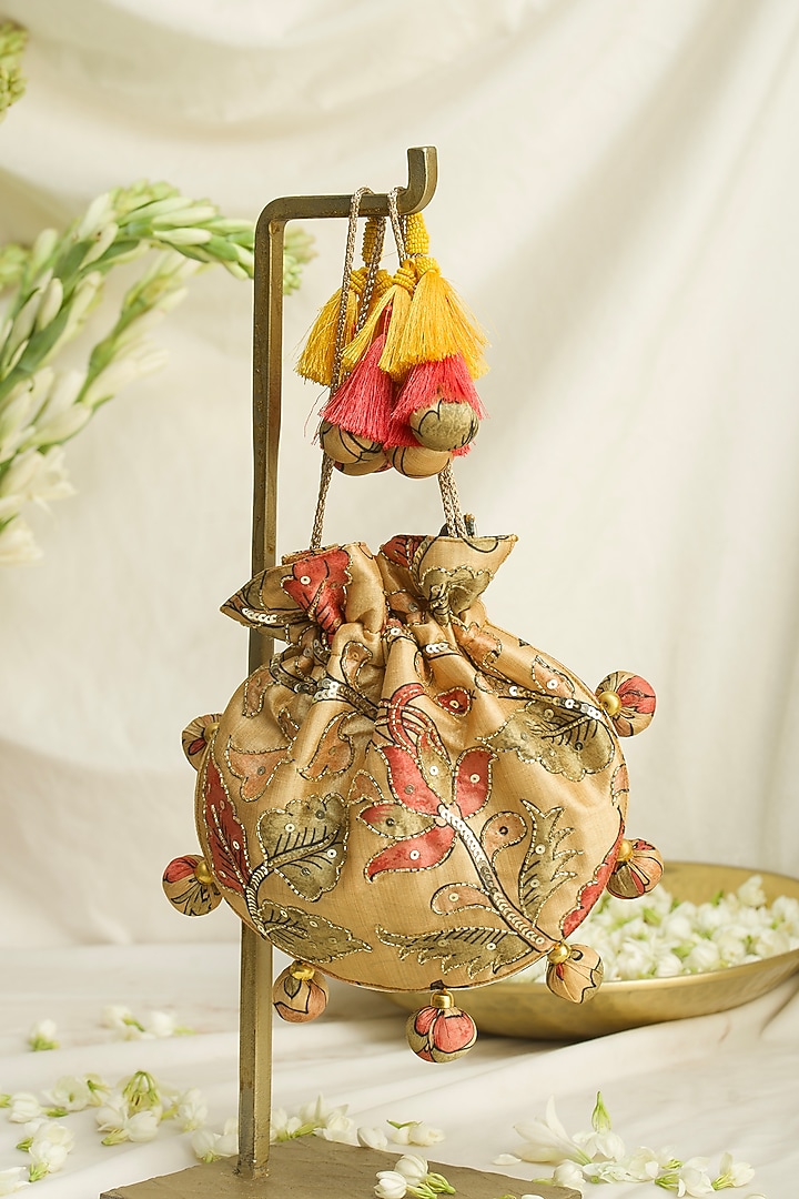 Yellow Fabric Printed & Hand Embroidered U-shaped Potli by Ozel at ...