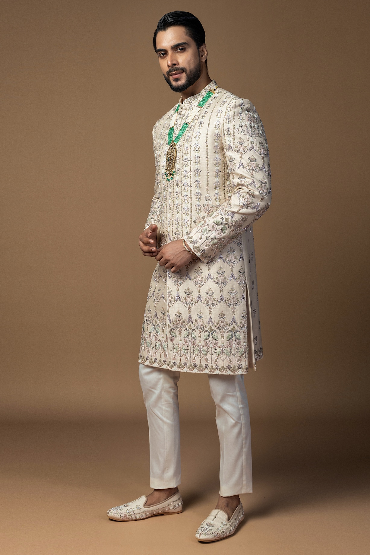 Blossom Pink Bam Silk Resham Work Groom Sherwani Set by PAARSH at ...