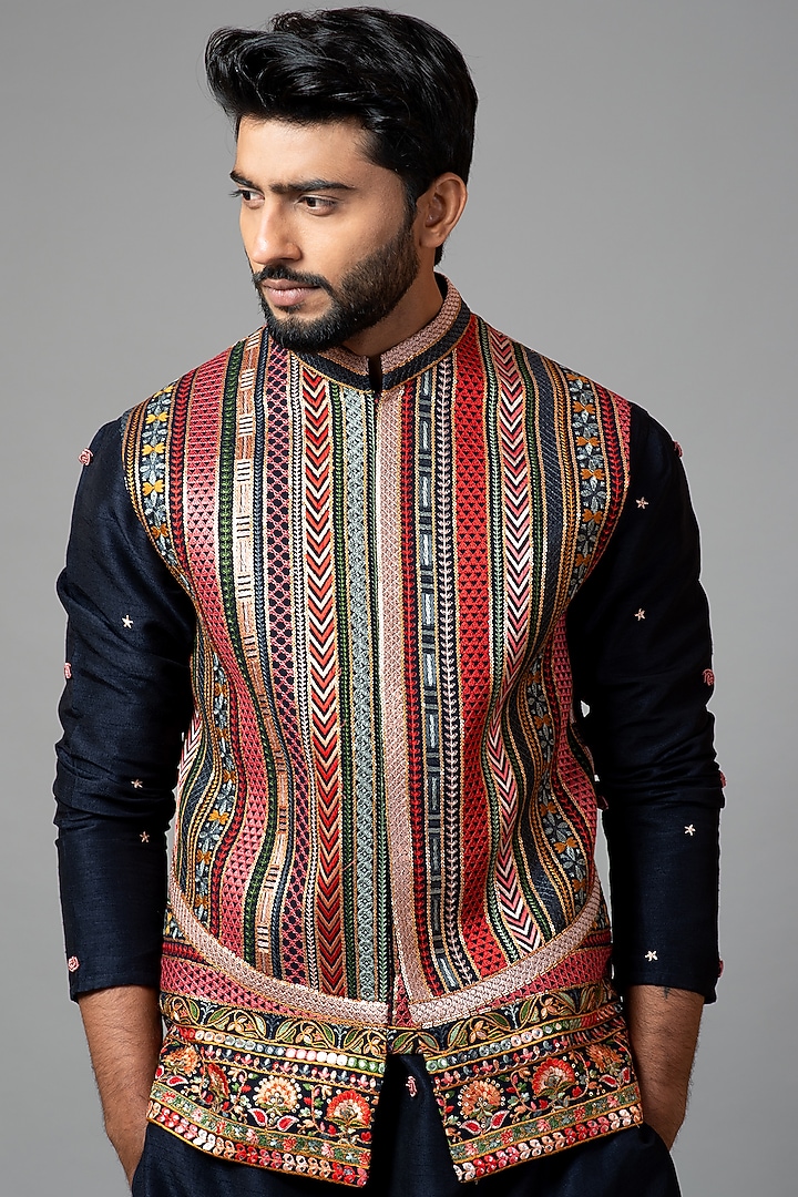 Multi-Colored Viscose Chikankari Embroidered Nehru Jacket by PAARSH at ...