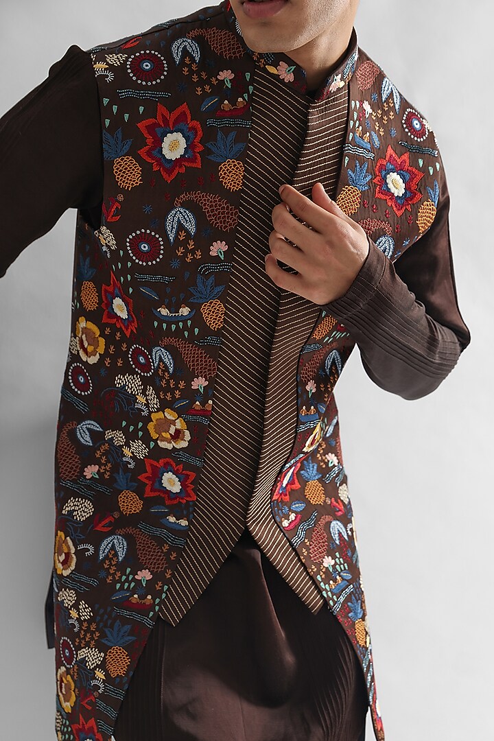 Buy PAARSH Chocolate Brown Modal Satin Embroidered Nehru Jacket Set at ...