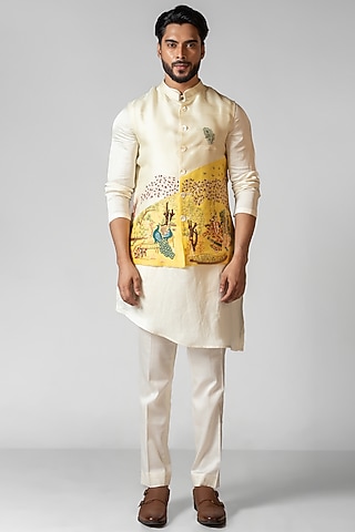 Kush Yellow & Ivory Organza Sequin Embroidered Nehru Jacket Set by ...