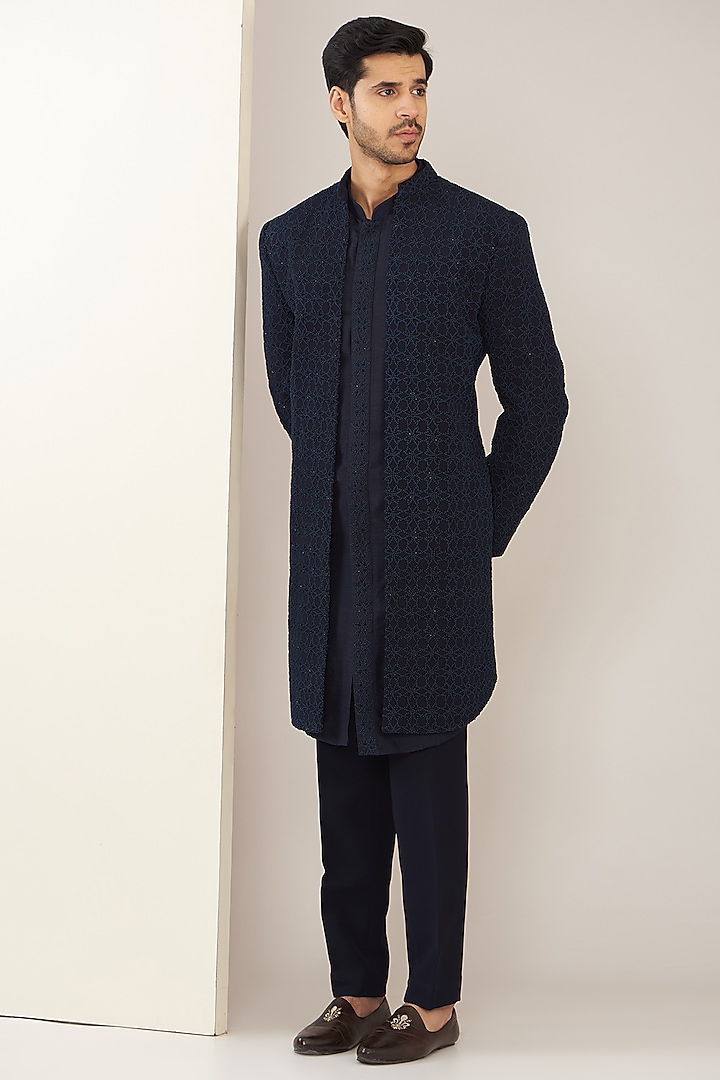 Navy Blue Suiting Cutdana Zardosi Embroidered Achkan Set by PAARSH at Pernia's Pop Up Shop 2025