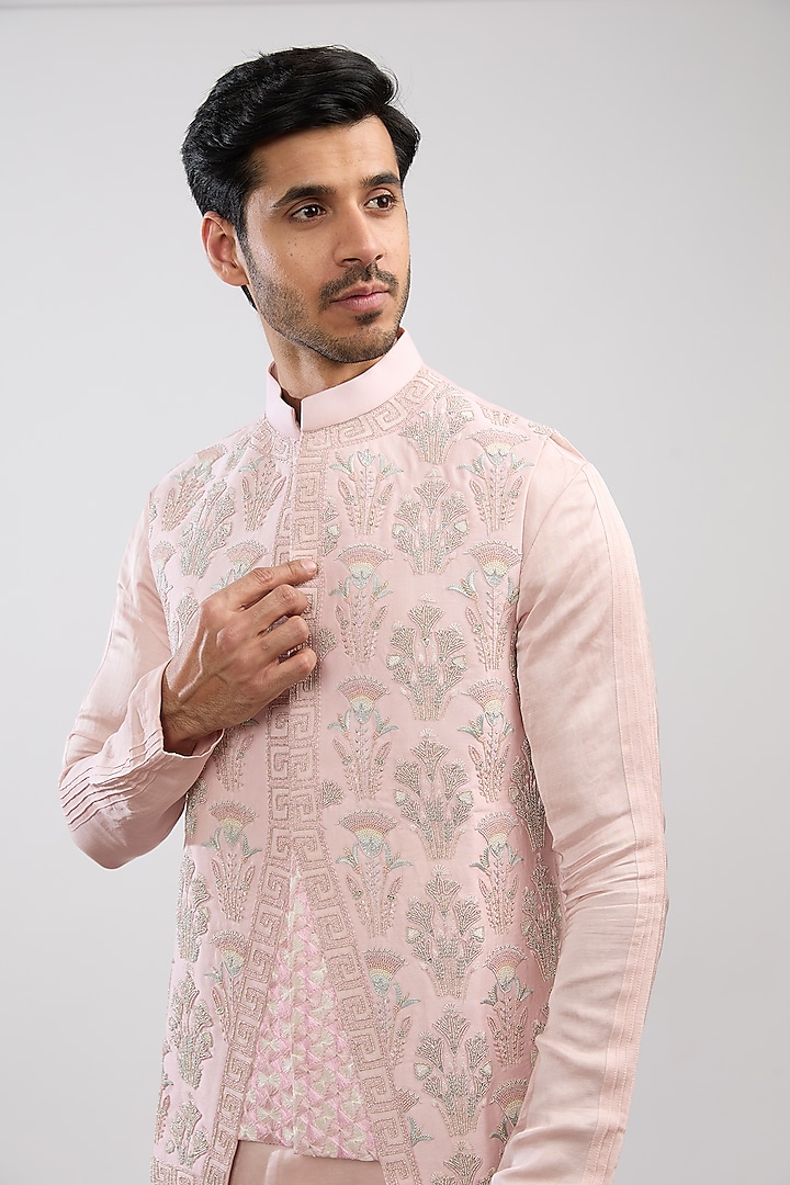 Pastel Pink Silk Embroidered Nehru Jacket Set by PAARSH at Pernia's Pop ...