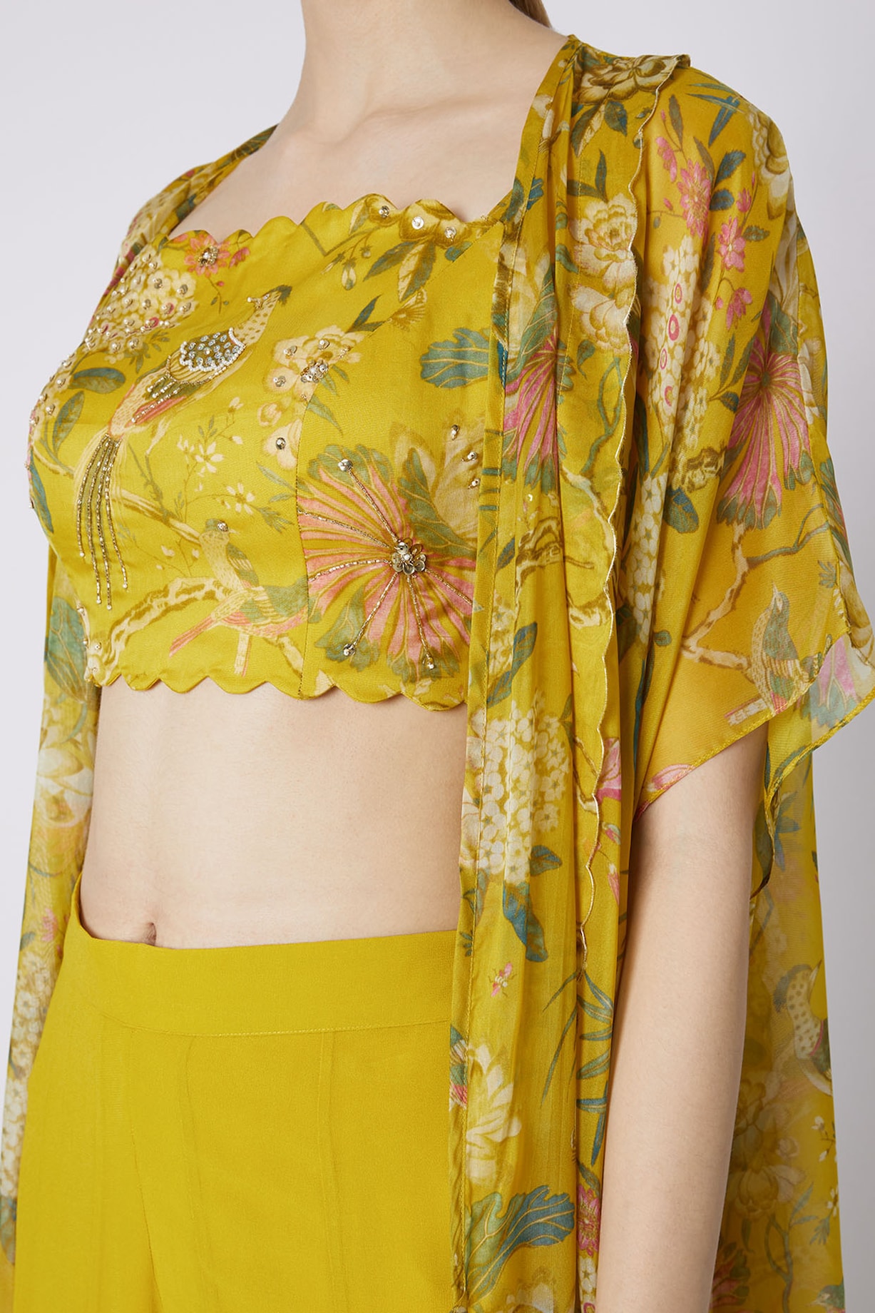 Mustard Printed Embroidered Crop Top With Jacket & Pants by Paulmi ...