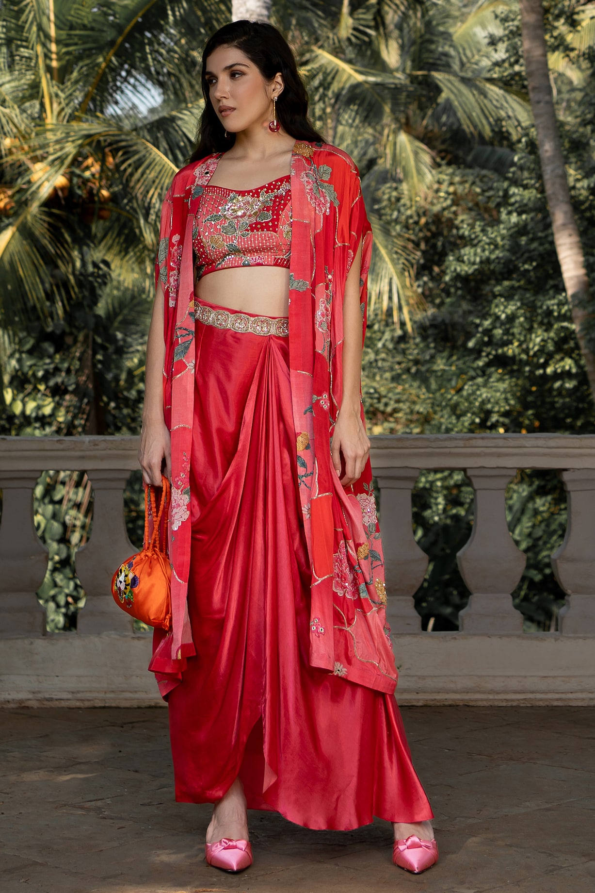 Red Crepe Embroidered & Printed Jacket Set by Paulmi & Harsh at Pernia ...