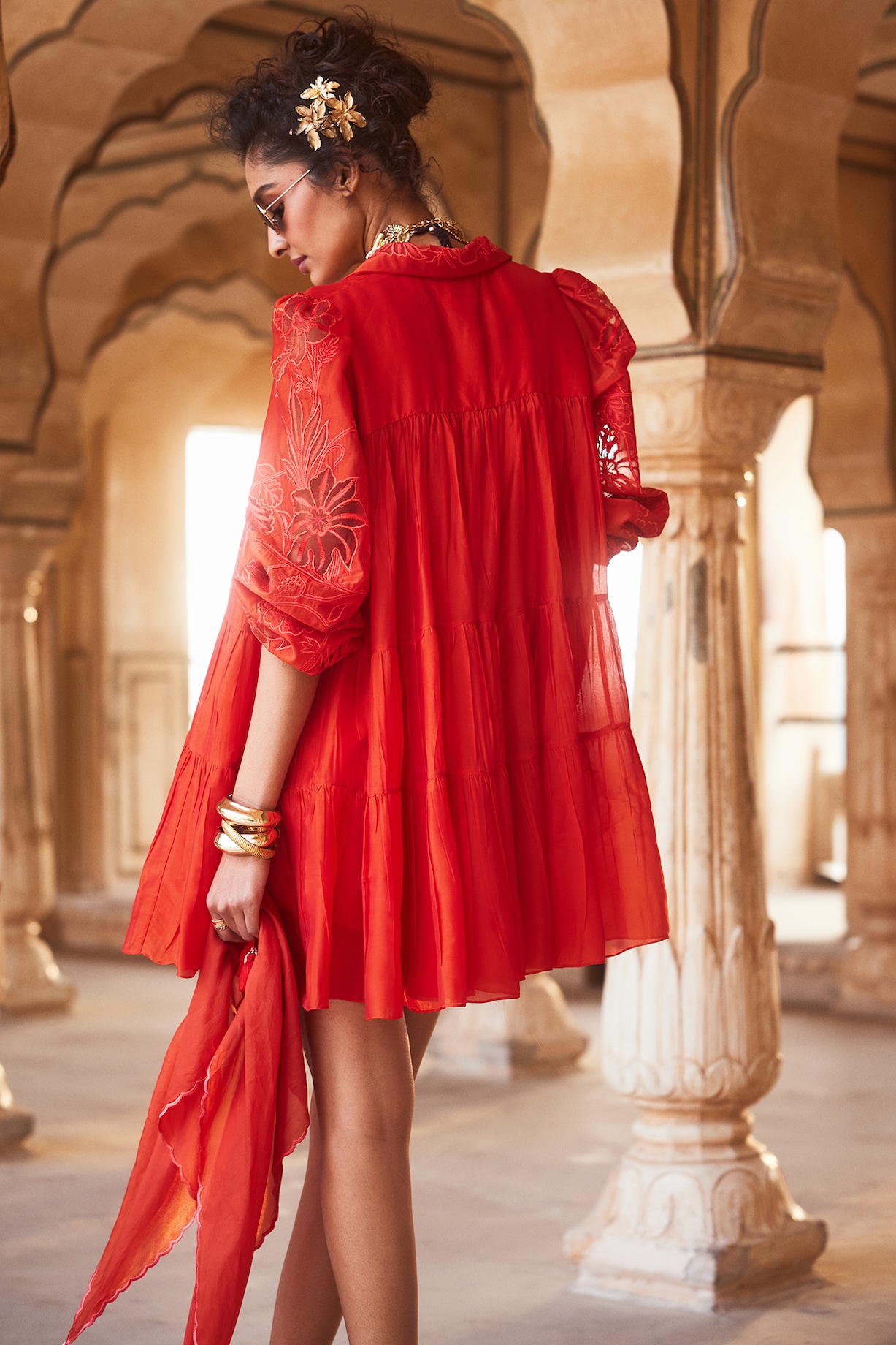 Vermillion Silk Organza Floral Embroidered Mini Dress by Paulmi & Harsh ...