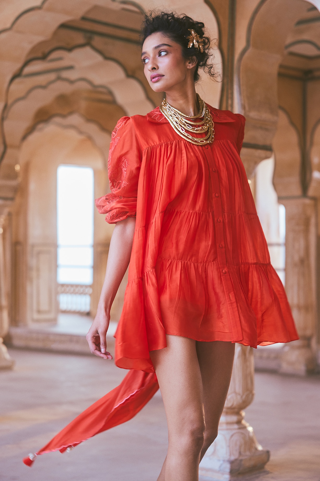 Vermillion Silk Organza Floral Embroidered Mini Dress by Paulmi & Harsh ...