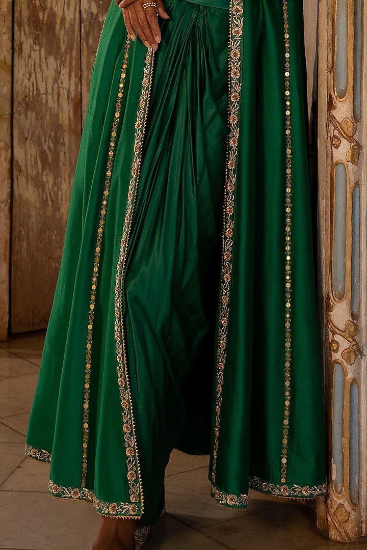 Emerald Green Chiniya Silk Embroidered Long Choga Set Design by Paulmi ...