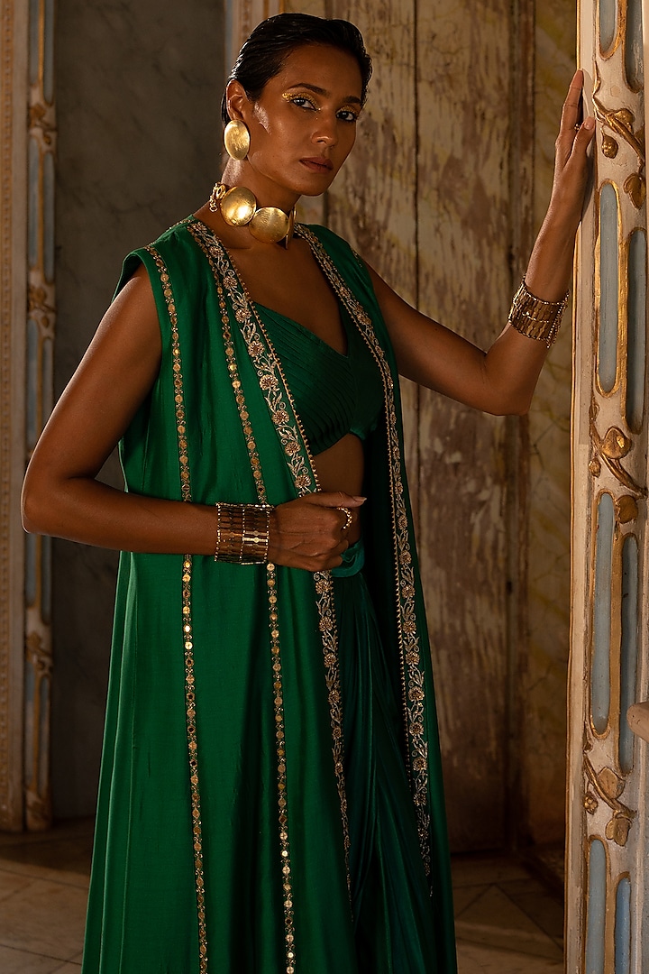 Emerald Green Chiniya Silk Embroidered Long Choga Set Design by Paulmi ...