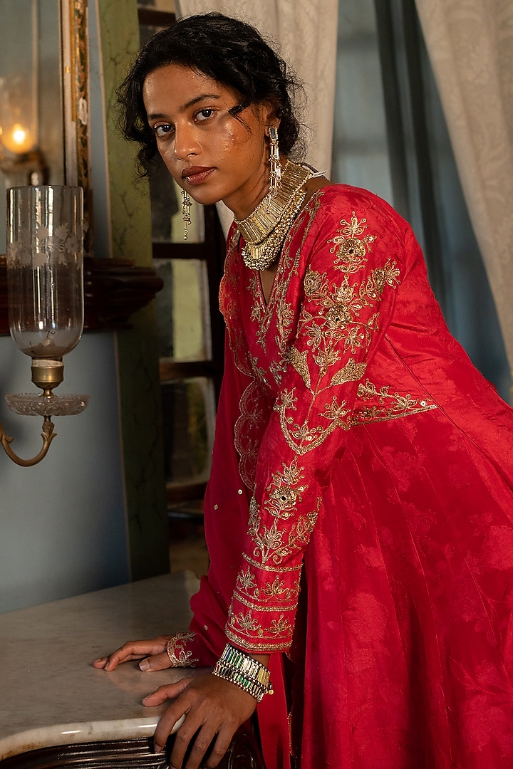 Red Russian Jacquard Hand Embroidered Anarkali Set by Paulmi & Harsh at ...