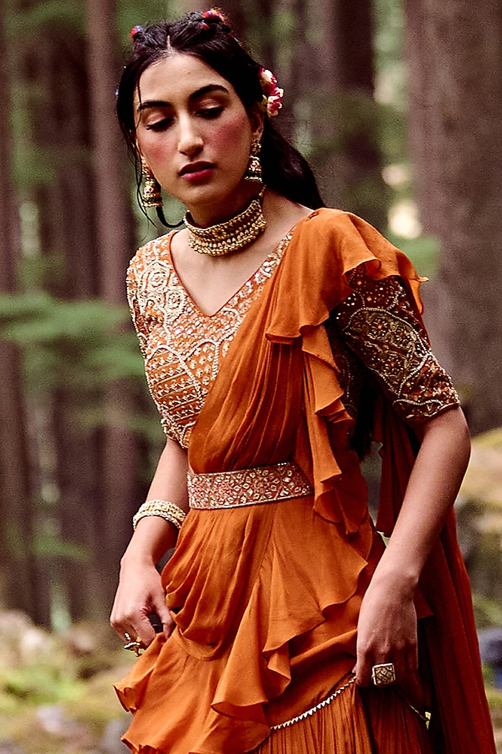 Rust Orange Pre-Draped Saree Set by Paulmi & Harsh at Pernia's Pop Up ...