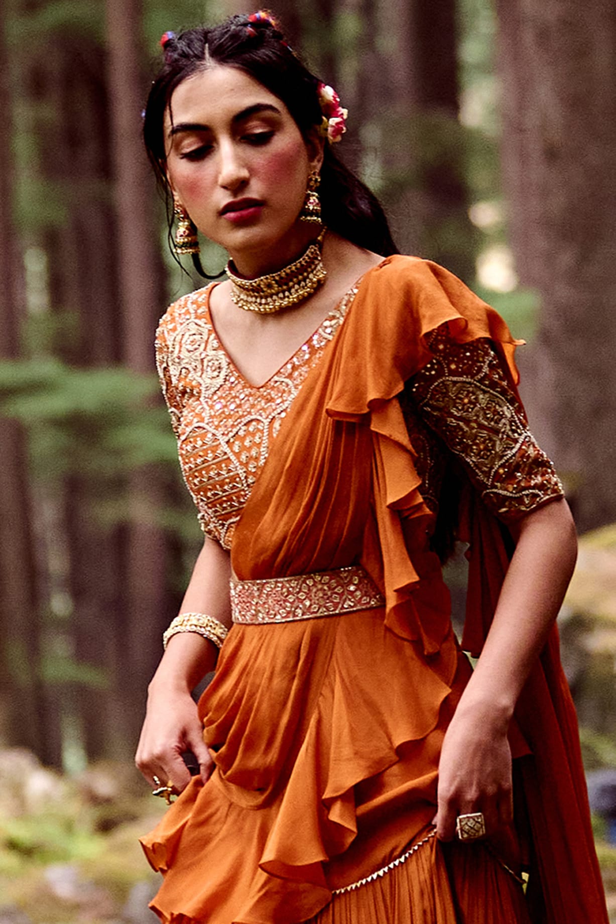 Rust Orange Pre-Draped Saree Set by Paulmi & Harsh at Pernia's Pop Up ...