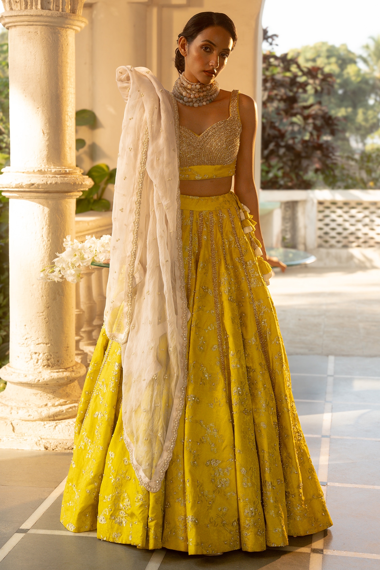 Lime Yellow Jacquard Embroidered Wedding Lehenga Set by Paulmi & Harsh ...