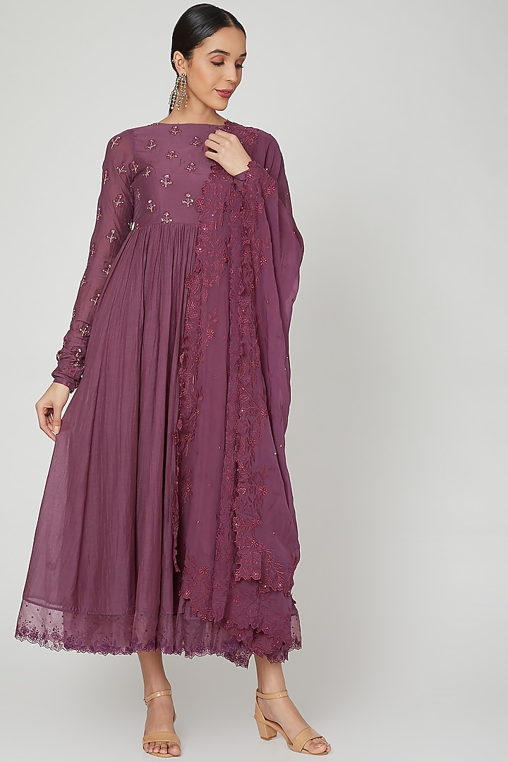 Jamuni Purple Embroidered Anarkali With Dupatta by Paulmi & Harsh at ...
