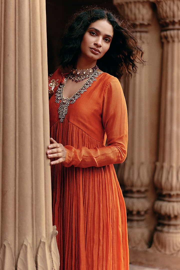 Rust Orange Malai Chanderi Zardosi Embroidered Wedding Anarkali Set by ...