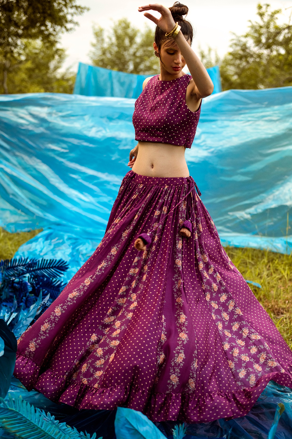 Jamuni Purple Printed Crop Top & Skirt by Paulmi & Harsh at Pernia's ...
