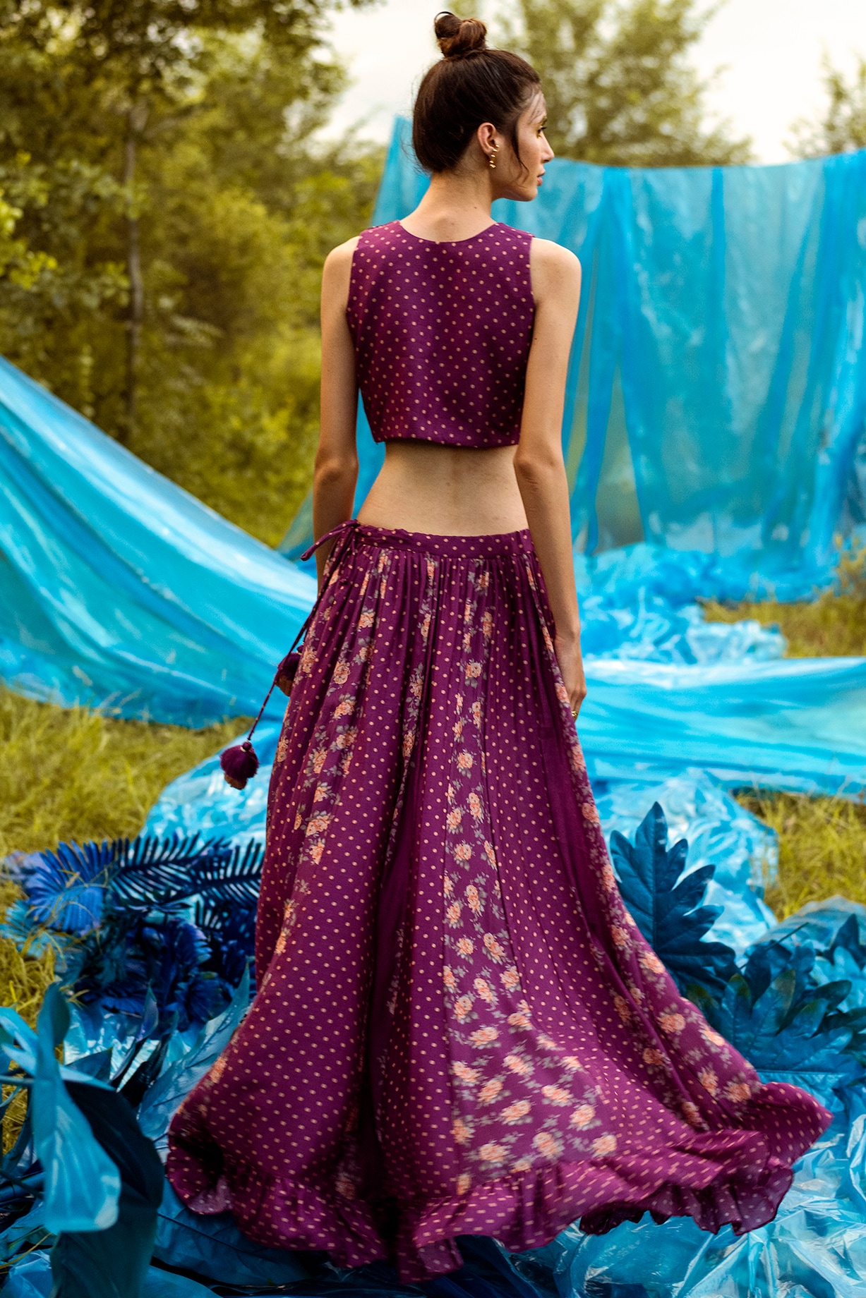 Jamuni Purple Printed Crop Top & Skirt by Paulmi & Harsh at Pernia's ...