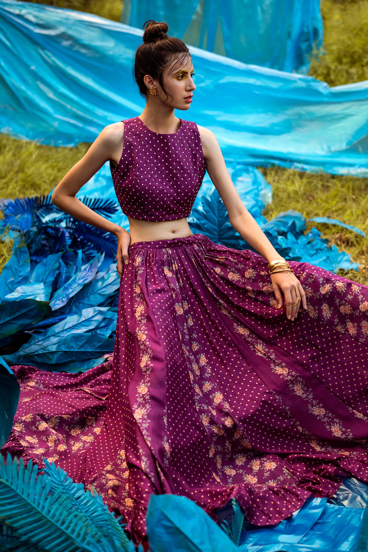 Jamuni Purple Printed Crop Top & Skirt by Paulmi & Harsh at Pernia's ...