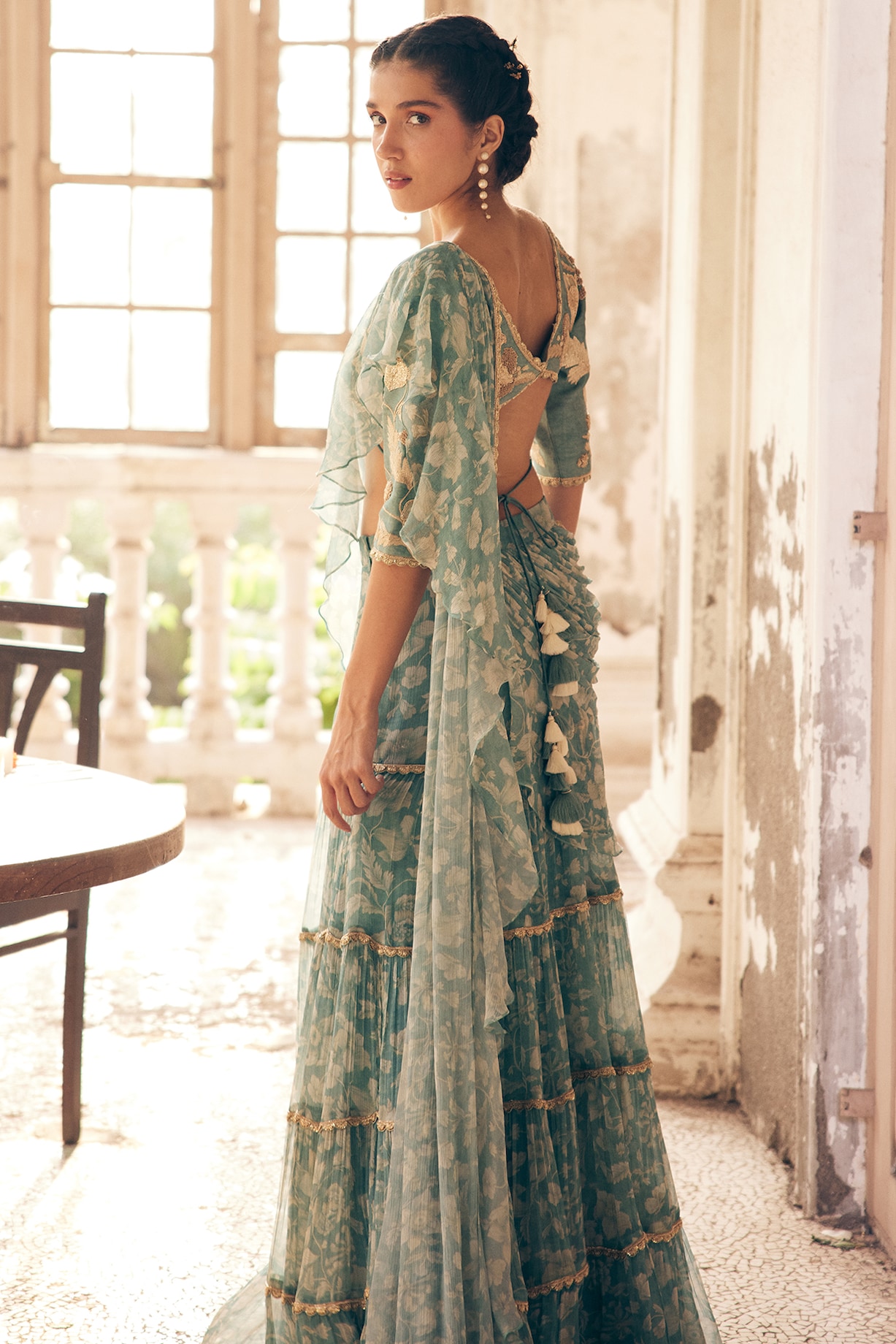 Ice Blue Chiffon Floral Printed & Hand Embroidered Pre-Draped Saree Set ...