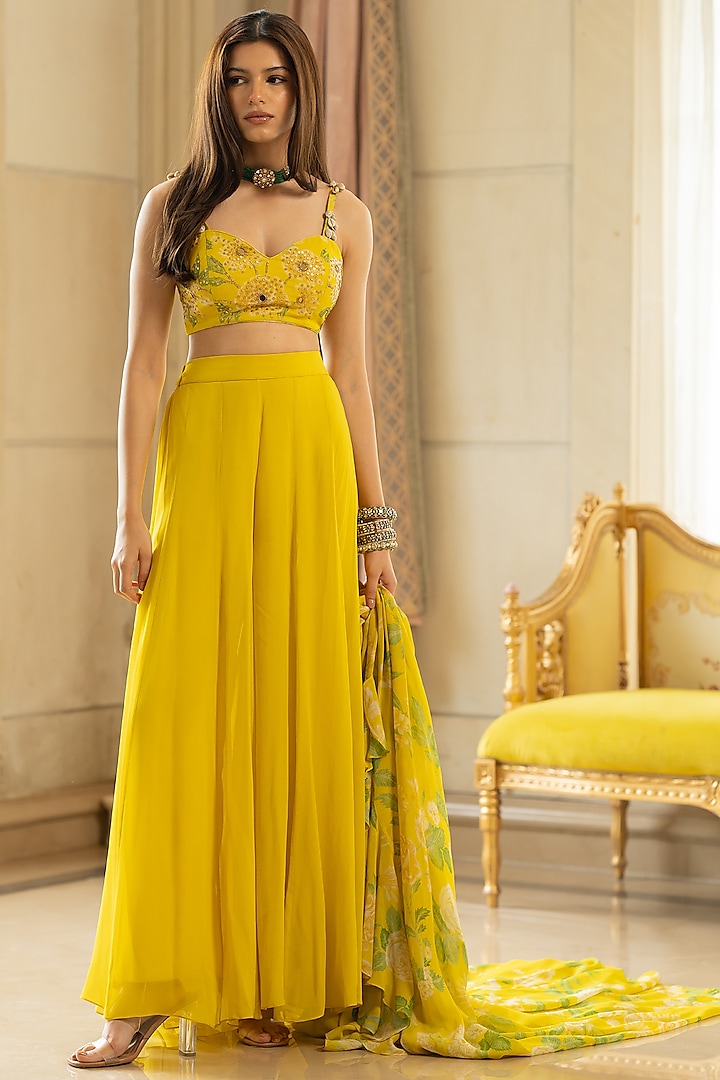 Lime Yellow Georgette Floral Printed Jacket Set by Paulmi & Harsh at ...