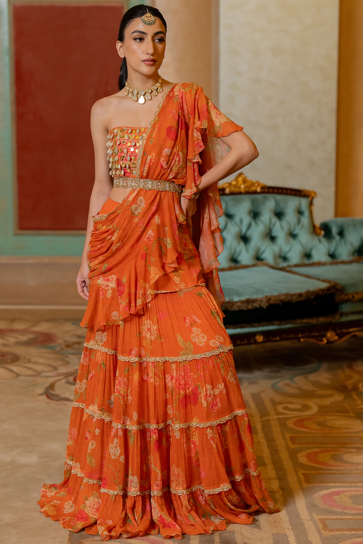 Rust Orange Chiffon Floral Printed Pre-Stitched Saree Set by Paulmi ...