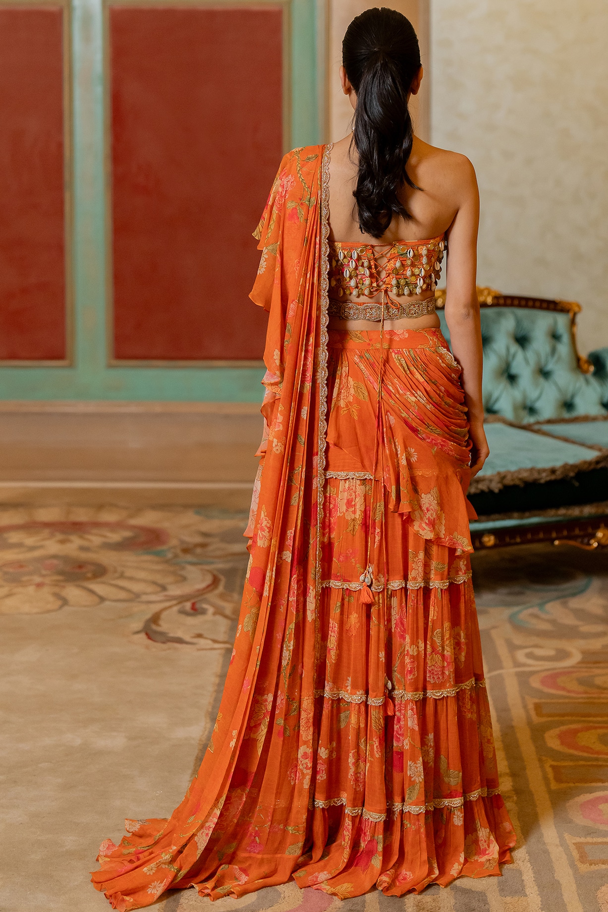 Rust Orange Chiffon Floral Printed Pre-Stitched Saree Set by Paulmi ...