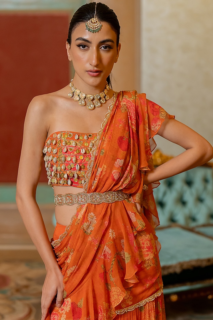 Rust Orange Chiffon Floral Printed Pre-Stitched Saree Set by Paulmi ...