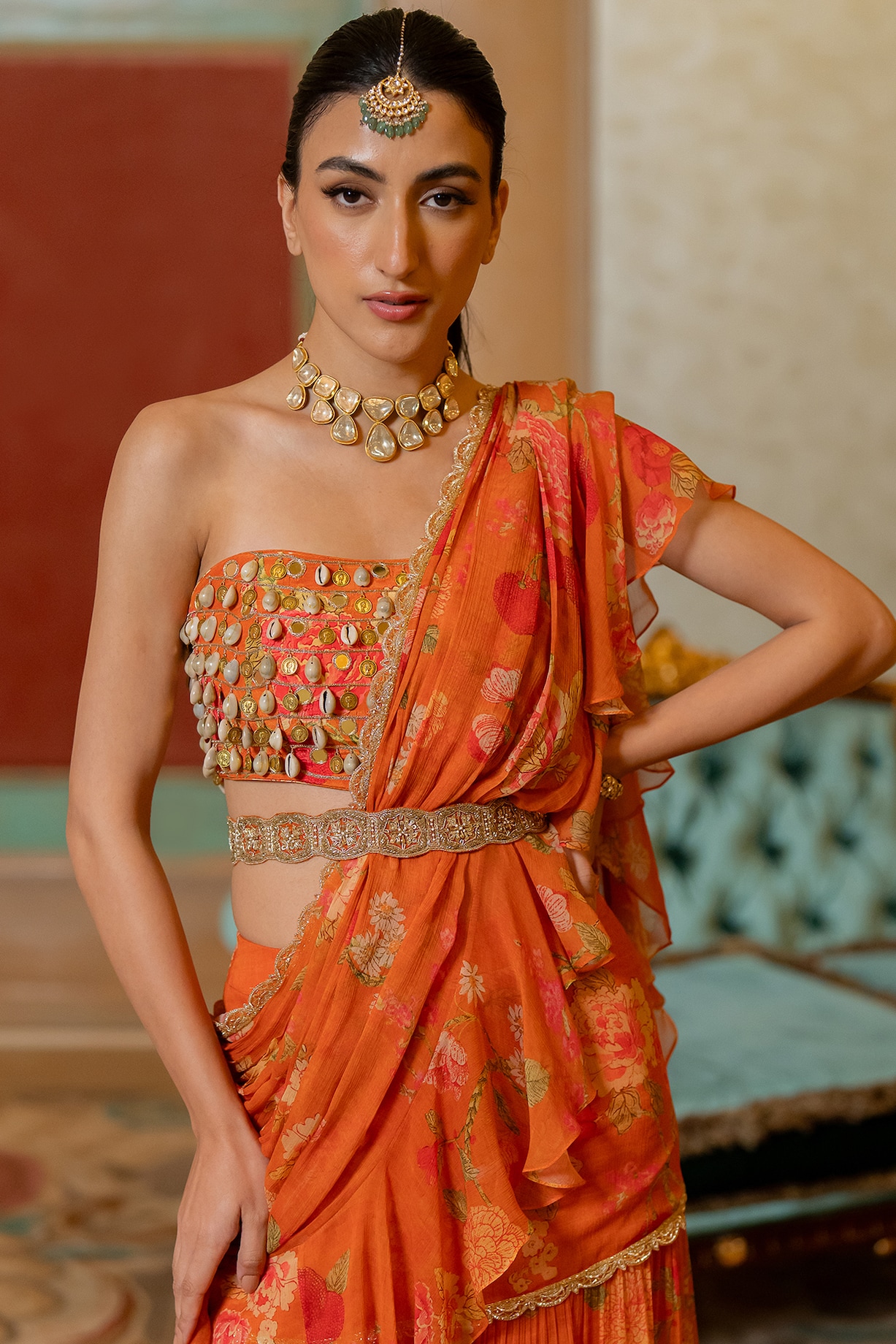 Rust Orange Chiffon Floral Printed Pre-Stitched Saree Set by Paulmi ...