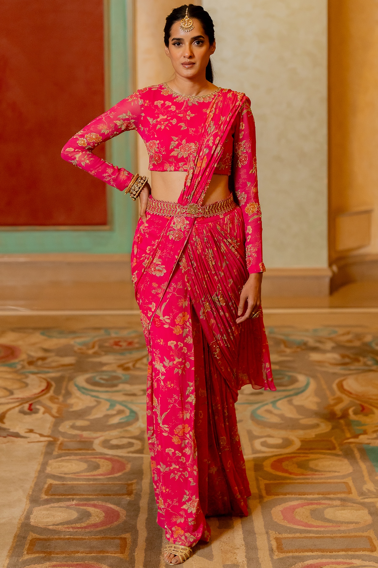 Pink Pure Georgette Floral Printed Pre-Stitched Saree Set by Paulmi ...