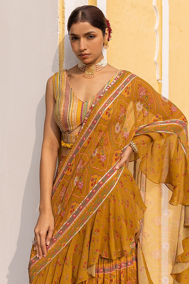 Mustard Yellow Pure Georgette Pre-Draped Printed Saree Set by Sandhya ...