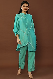 Teal Embroidered Pant Set Design by Palanquine at Pernia's Pop Up Shop 2023