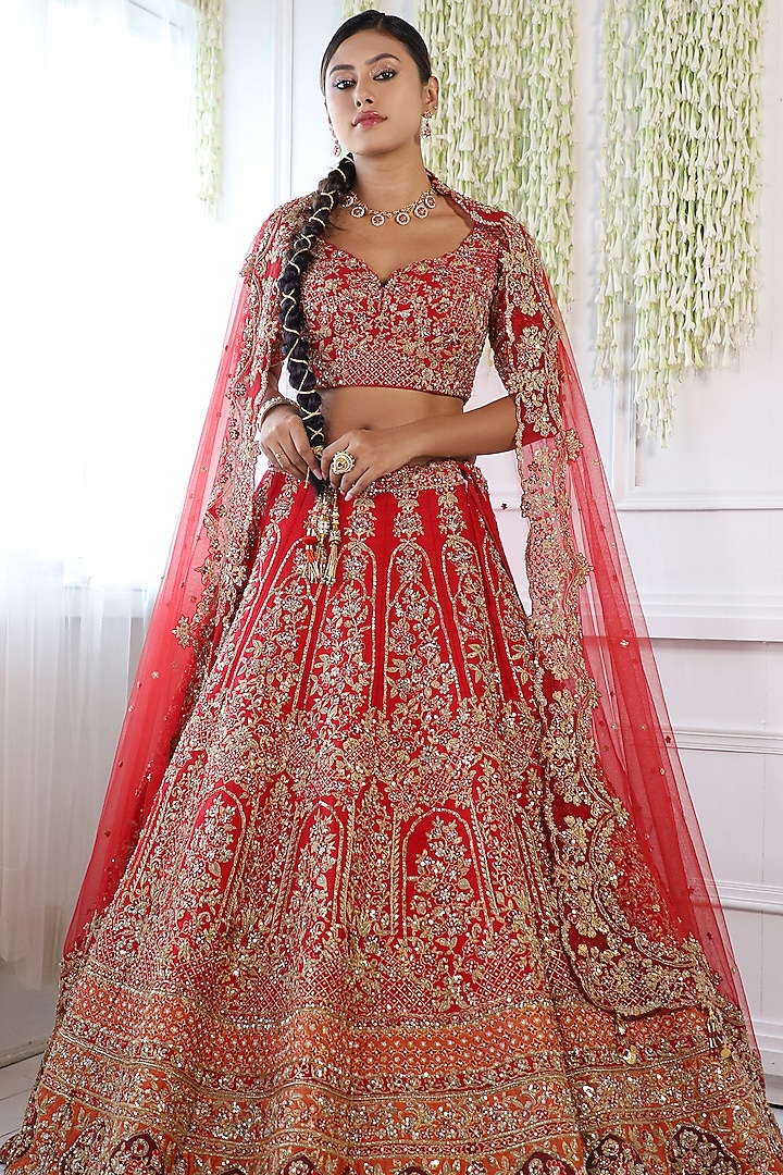 Rust Red Raw Silk Embroidered Bridal Lehenga Set by Pallavi Poddar (India) at Pernia's Pop Up ...