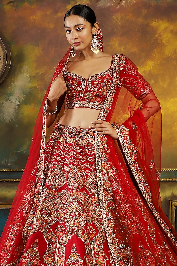 Red Pure Raw Silk Embroidered Bridal Lehenga Set by Pallavi Poddar ...