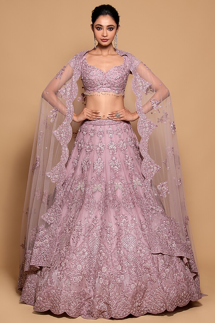 Dusty Lavender Organza Embroidered Bridal Lehenga Set by Pallavi Poddar ...