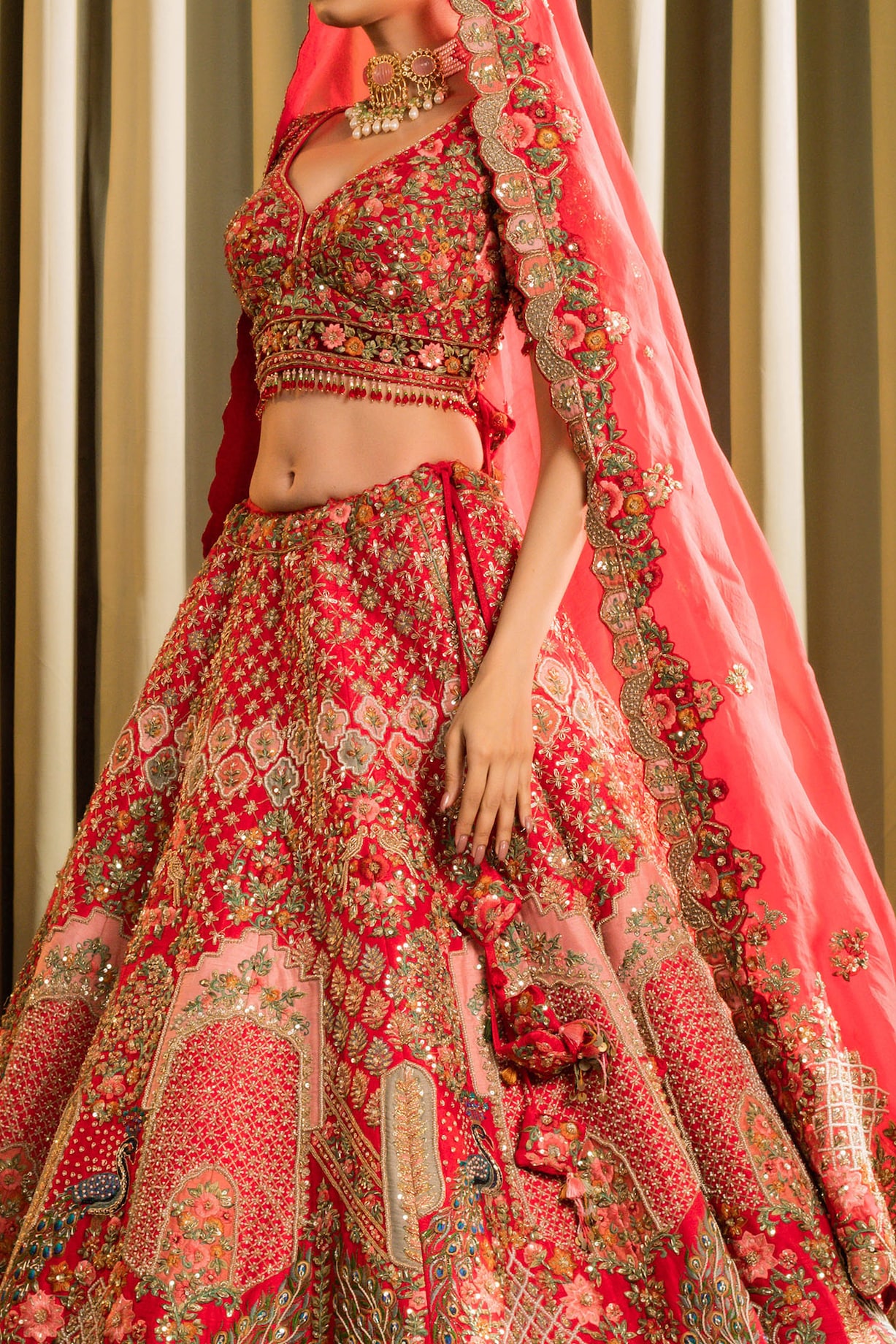 Red Raw Silk Thread Work Bridal Lehenga Set by Pallavi Poddar (India) at Pernia's Pop Up Shop 2025
