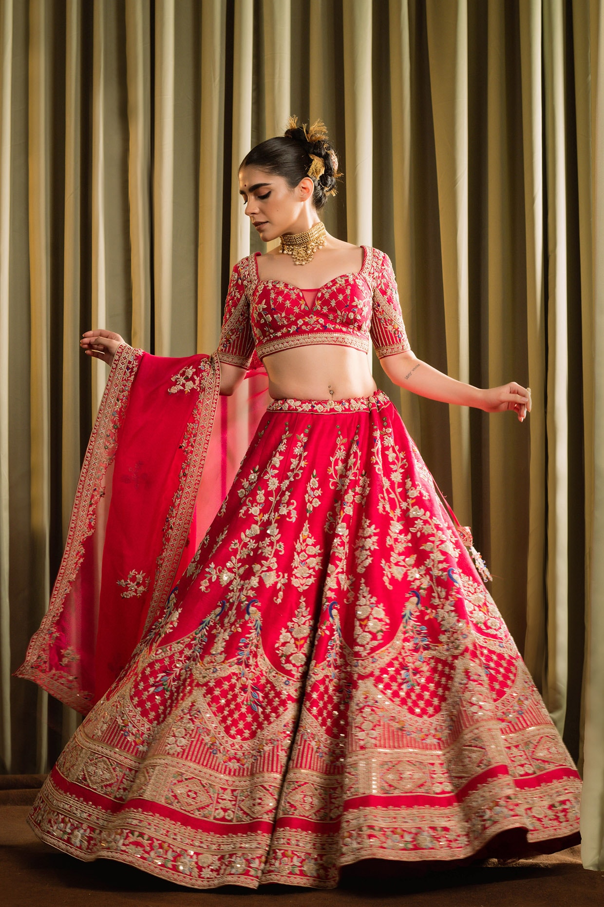 Red Raw Silk Dabka Handwork Bridal Lehenga Set by Pallavi Poddar (India ...