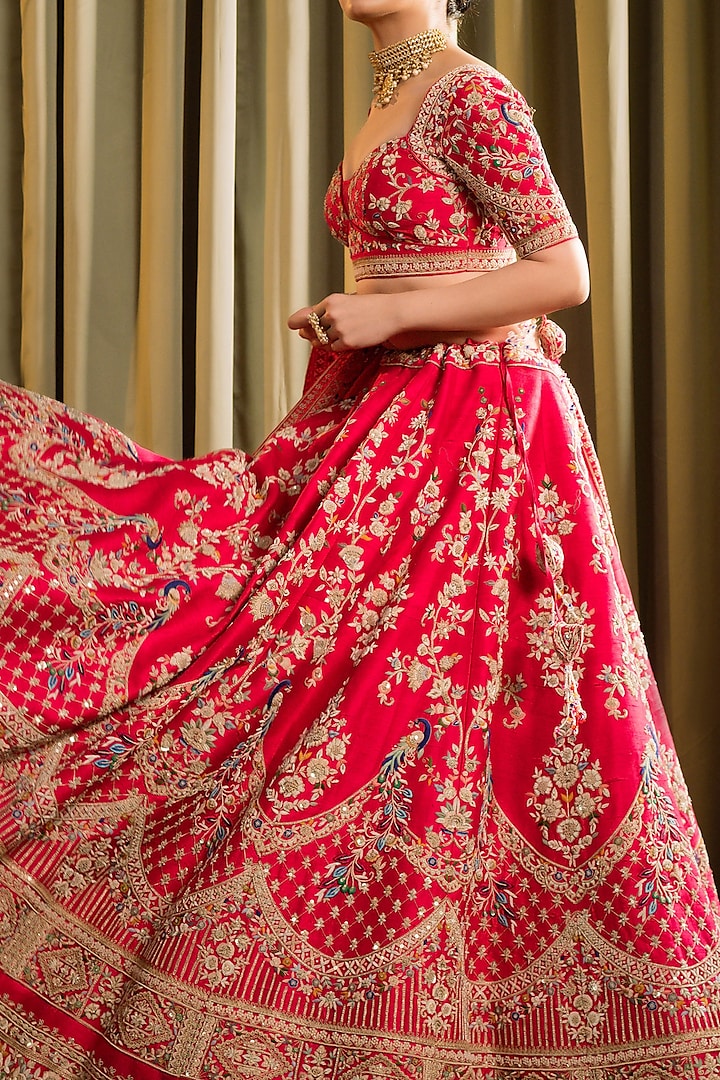 Red Raw Silk Dabka Handwork Bridal Lehenga Set by Pallavi Poddar (India) at Pernia's Pop Up Shop ...