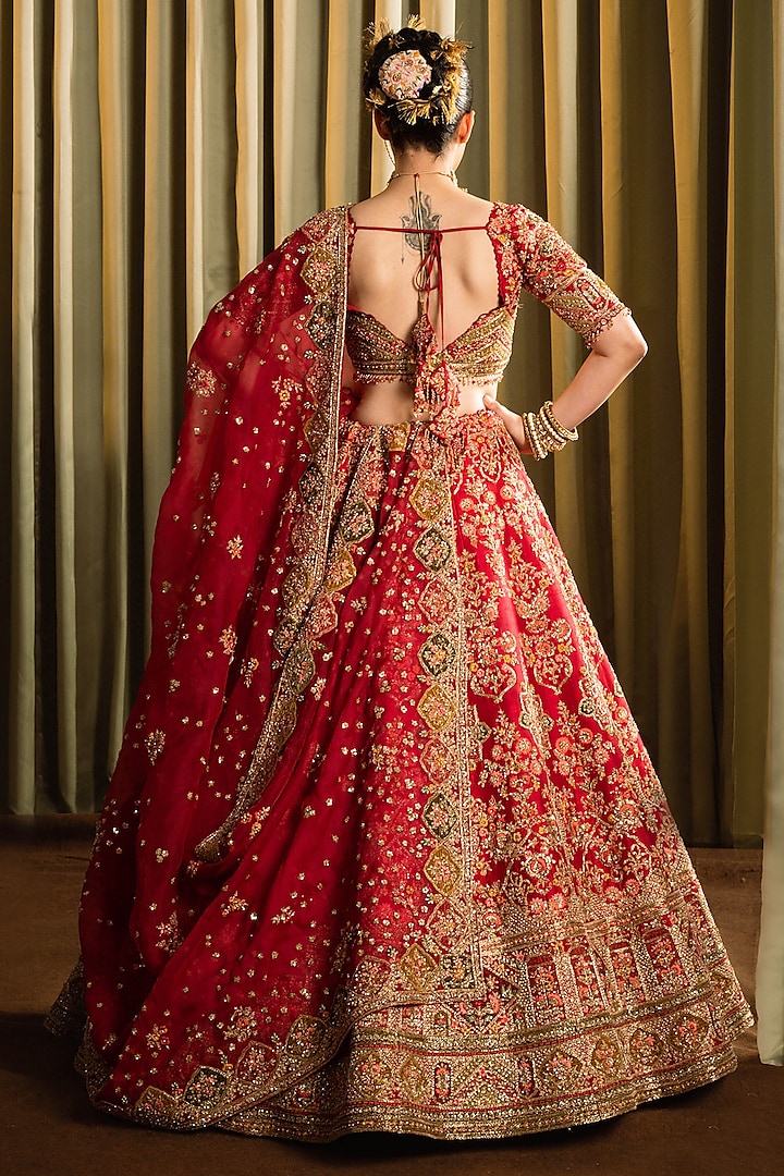 Red Raw Silk Dabka Work Bridal Lehenga Set by Pallavi Poddar (India) at ...