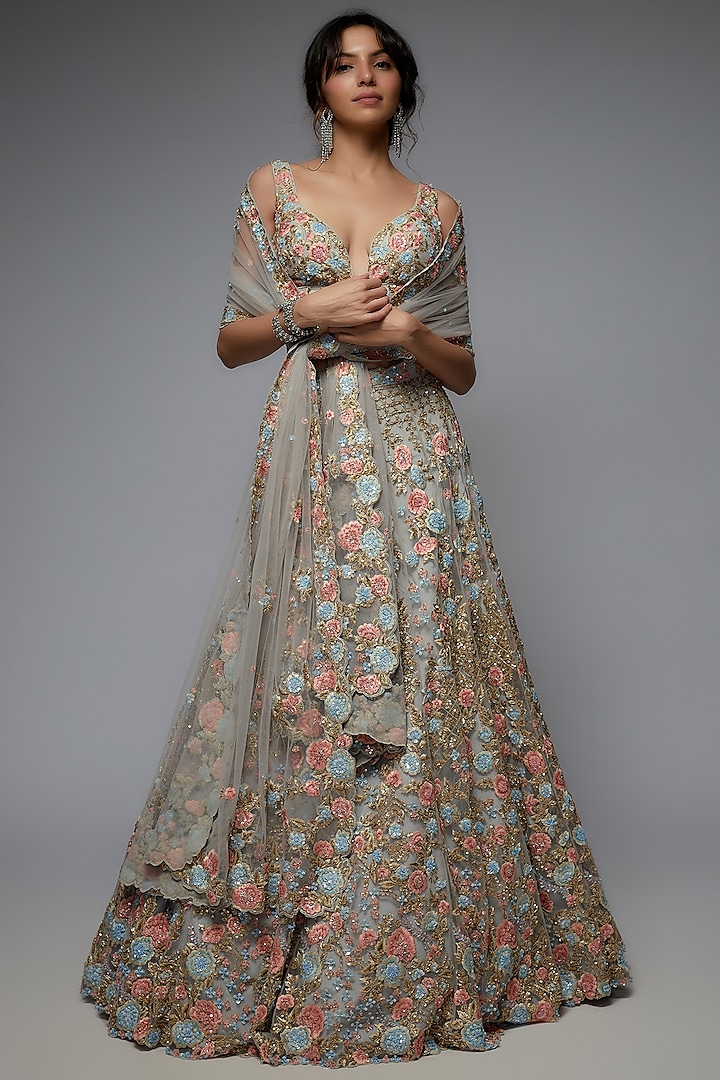 Pastel Blue Organza Embellished Wedding Lehenga Set by Pallavi Poddar ...