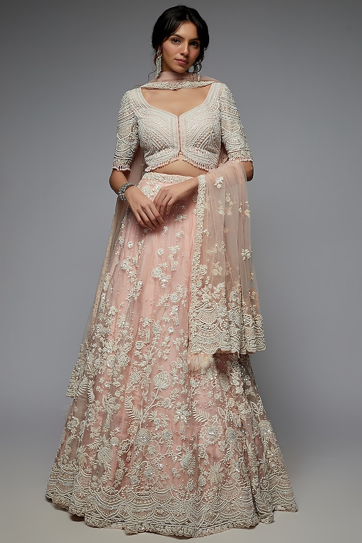 Pink Organza Embellished Lehenga Set Design by Pallavi Poddar (India ...