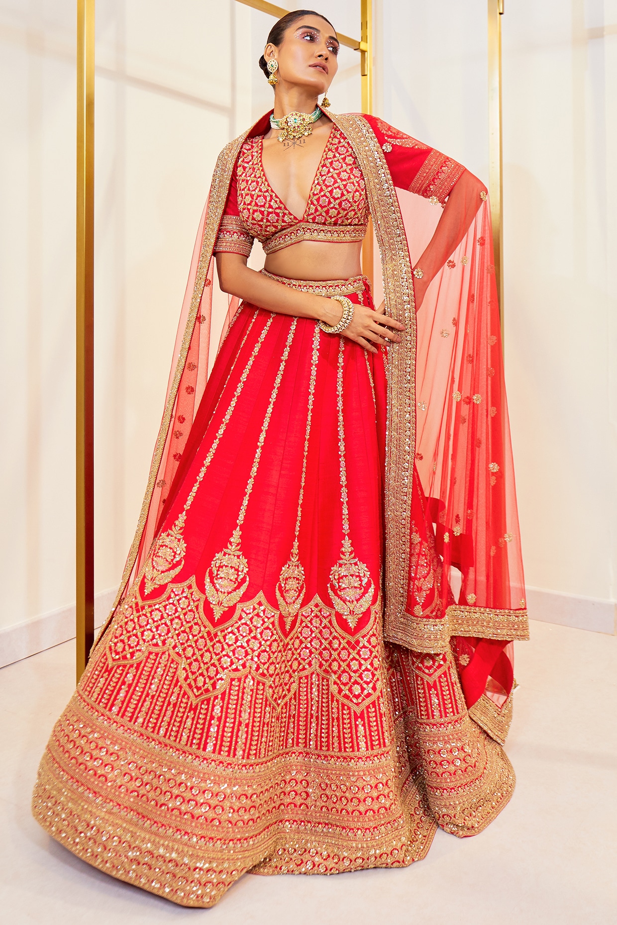 Red Raw Silk Resham Hand Work Bridal Lehenga Set by Pallavi Poddar ...